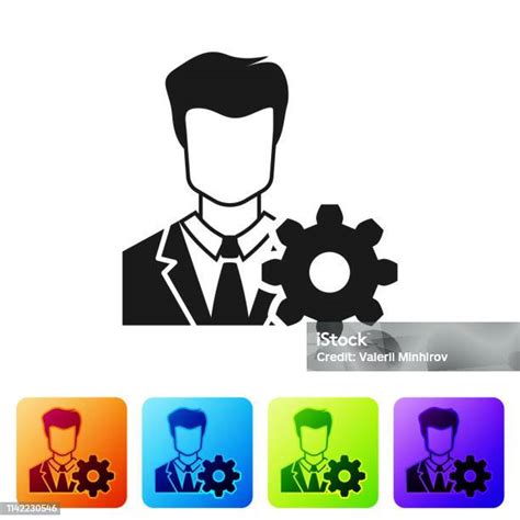 흰색 바탕에 블랙 프로 파일 설정 아이콘입니다 사용자 설정 아이콘입니다 톱니바퀴 기호가 있는 프로필 아바타 계정 아이콘을 표시 합니다 남성 사람 실루엣입니다 색상 사각형