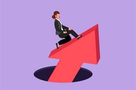 구멍에서 나오는 큰 화살표에 서 있는 매력적인 사업가 그리기 구멍에서 나오는 재무 그래프를 선도하는 관리자 비즈니스 성장 개념 만화 디자인 벡터 그림 프리미엄 벡터