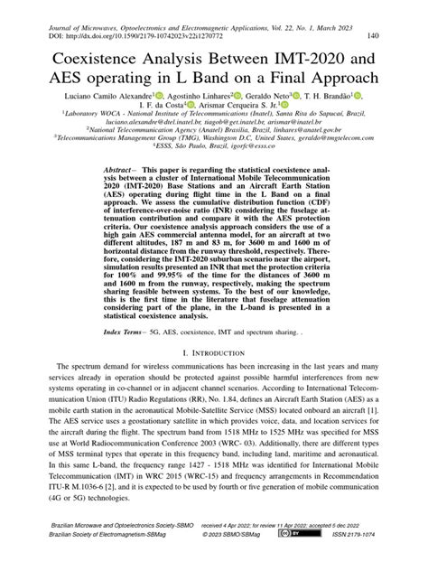 Coexistence Analysis Between Imt 2020 And Aes Operating In L Band On A Final Approach Pdf