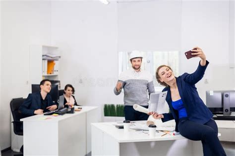 Selfie Time Office Workers Taking Selfies At Work Stock Image Image