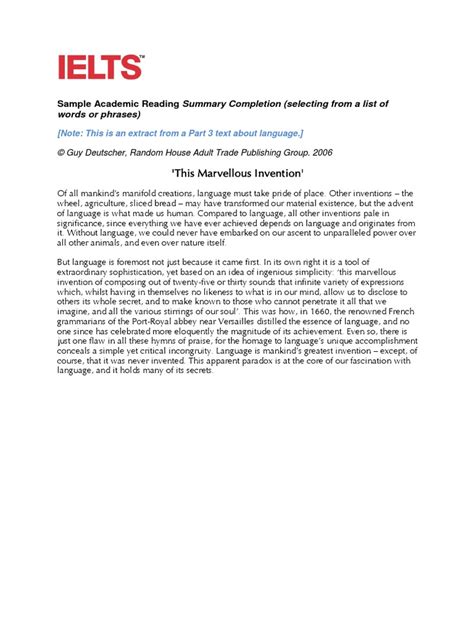 Academic Reading Sample Task Summary Completion Selecting From A List