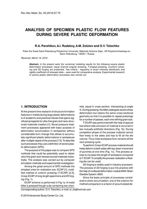 Pdf Analysis Of Specimen Plastic Flow Features During Severe Plastic