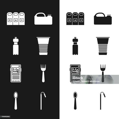 종이 유리 물병 쓰레기통 분류 기계유 용기 플라스틱 오염 방지 일회용 포크 빨대 및 숟가락 아이콘을 설정합니다 벡터 0명에 대한 스톡 벡터 아트 및 기타 이미지 Istock