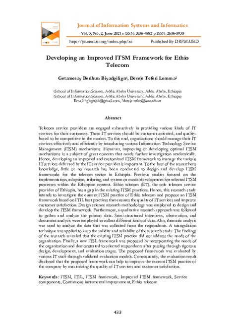 pdf developing an improved itsm framework for ethio telecom