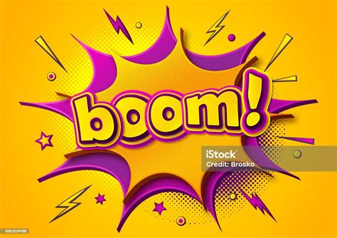 만화 포스터 파열 음성 거품 텍스트 및 사운드 효과 붐 만화 책 및 팝 아트 스타일에 화려한 재미 있는 배너 하프톤 효과 함께 노란색 보라색 만화 배너입니다 1990