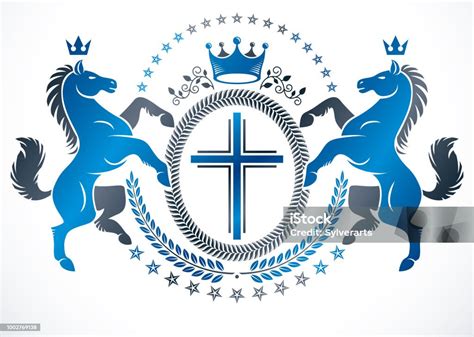 문장 학 디자인 빈티지 엠 블 럼 크로스 종교 우아한 말 일러스트 레이 션 및 로얄 크라운을 사용 하 여 만든 벡터 국왕에 대한 스톡 벡터 아트 및 기타 이미지 Istock