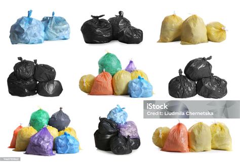 흰색 배경에 쓰레기로 가득 찬 다른 쓰레기 봉투로 설정 비닐 봉지에 대한 스톡 사진 및 기타 이미지 비닐 봉지 수집 쓰레기 봉투 Istock