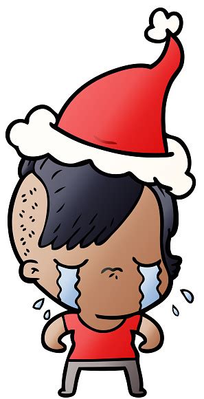 산타 모자를 쓰고 우는 소녀의 손으로 그린 그라데이션 만화 그라데이션에 대한 스톡 벡터 아트 및 기타 이미지 그라데이션 낙서 드로잉 등장인물 Istock