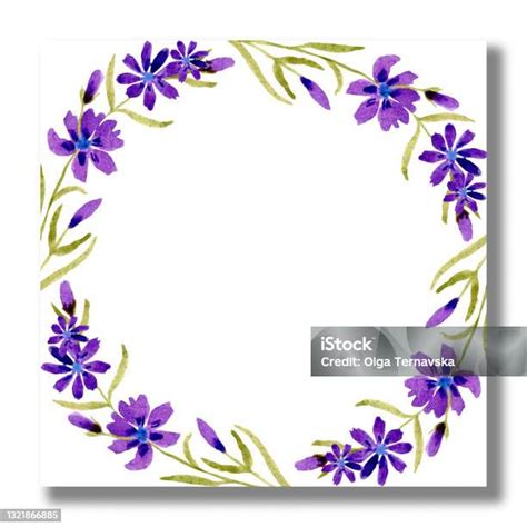 수채화 꽃 프레임 테두리 카드 보라색 여름 야생 화와 결혼식 초대 카드 핸드그린 수채화 스타일 자연 예술 수채화는 날짜 카드를 저장합니다 빈 템플릿입니다 0명에 대한 스톡