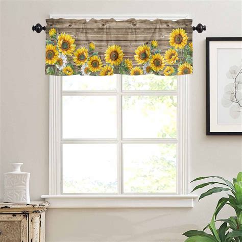 Sunflower Window Valances For Kitchen Farm Flower Vintage Brown Wooden