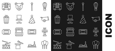 리본 어트랙션 회전 목마 캐논 매직 지팡이 마술사 팝콘 상자 서커스 마차 및 파티 모자 아이콘세트 라인 풍선 벡터 거리에 대한 스톡 벡터 아트 및 기타 이미지 Istock