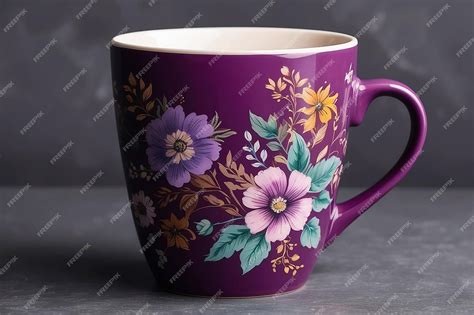 Premium Photo A Purple Coffee Cup With A Floral Design On The Side