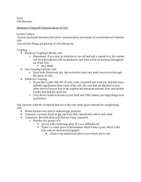 1014 Lecture Notes From Textbook And Lecture Cell Structure Membrane Of Cells Lecture