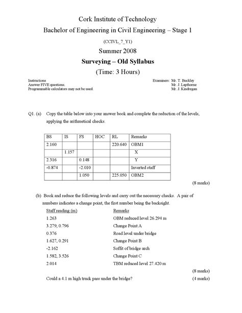 Fieldwork Procedure Surveying Old Exam Paper Docsity