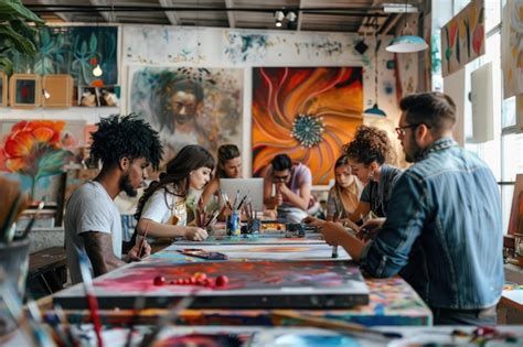 Grupo De Aula De Arte Diversificado Com Pessoas De Diferentes Culturas