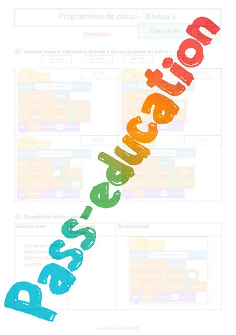 Programmes de calcul 3ème Scratch Exercices Cycle 4 PDF à imprimer