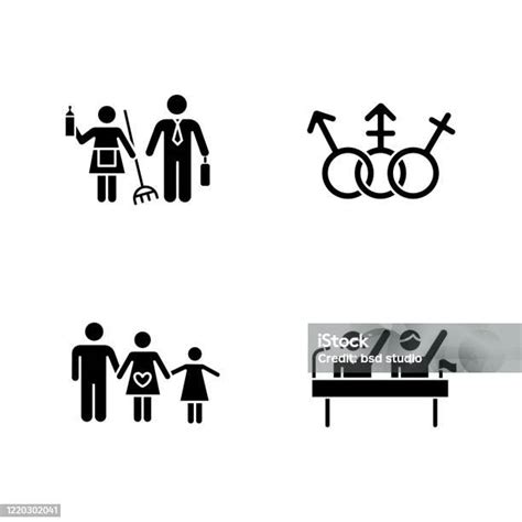 남녀 평등 문말 아이콘 설정 정치적 권리 트랜스젠더 사람들 Lgbtq 커뮤니티 여성 남성 트랜스 기호 성별 고정관념 가족 계획 실루엣 기호입니다 벡터 절연 그림 0명에 대한