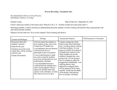Process Recording Example Social Work