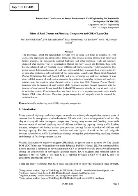PDF Effect Of Sand Content On Plasticity Compaction And CBR Of Lean Clay