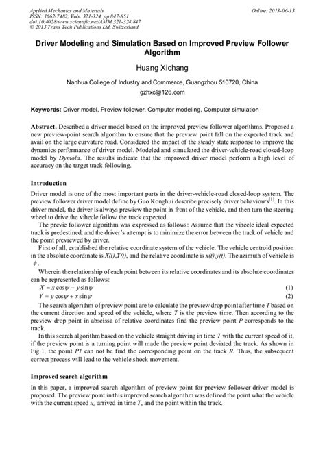 Driver Modeling And Simulation Based On Improved Preview Follower Algorithm Scientific Net