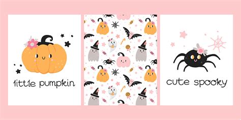 귀여운 작은 호박과 거미 할로윈 아이들은 인쇄하고 패턴 손으로 그린 재미있는 야채 꽃 티셔츠 장식 가을 휴가 카드 또는 포스터 레터링 문구 벡터 만화 세트 할로윈에 대한