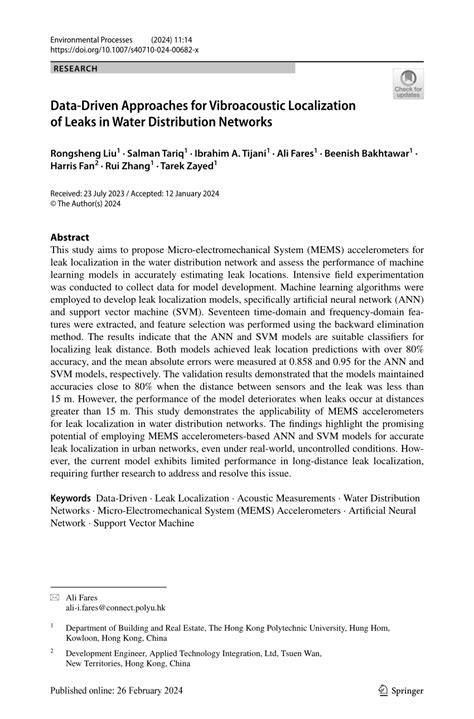 Pdf Data Driven Approaches For Vibroacoustic Localization Of Leaks In Water Distribution Networks
