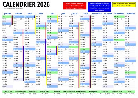 Calendrier 2026 à Imprimer Avec Les Vacances Scolaires Les Fêtes Les