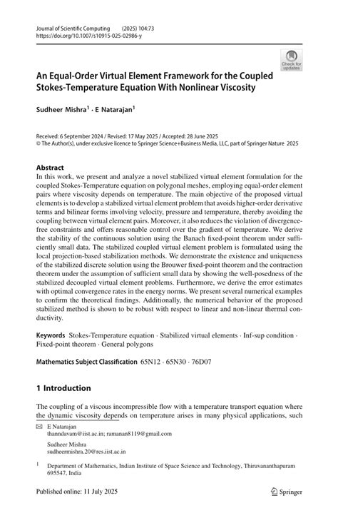 Pdf An Equal Order Virtual Element Framework For The Coupled Stokes Temperature Equation With