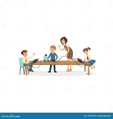 Pupils Studying Programming And Robotics Informatics Lesson At School Vector Illustration On A