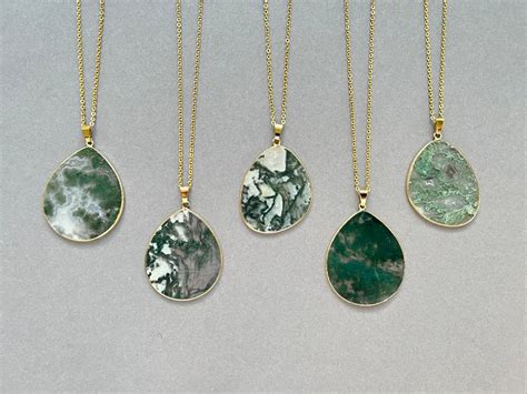 Moss Agate Necklace Gold Moss Agate Drop Necklace Natural Crystal Necklace Green Agate Pendant