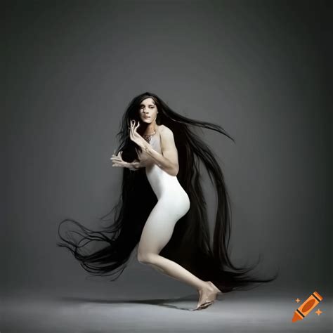 Full Body Shot Of Demi Moore Standing With Her Long Dark Hair Flowing