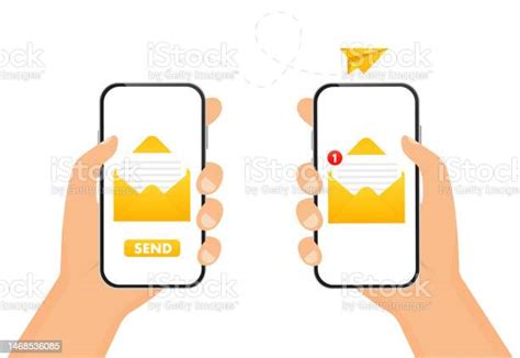 스마트폰을 들고 있는 손 모바일 통신의 개념 플랫 메일 보내기 웹 배너 웹 사이트를위한 현대적인 간단한 평면 디자인 한 전화기에서 다른 전화기로 편지 보내기 벡터 그림 뉴스