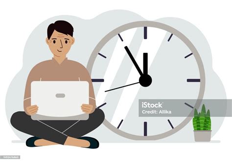 한 남자가 다리를 꼬고 앉아 노트북을 들고 있다 큰 시계 옆에 시간 관리 개념 적은 시간 많은 시간 마감일 경영자에 대한 스톡 벡터 아트 및 기타 이미지 Istock