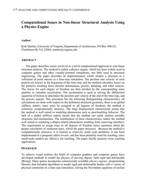 Pdf Computational Issues In Non Linear Structural Analysis Using A Physics Engine