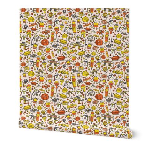 Monster Halloween Candy Bots In Orange Wallpaper Spoonflower
