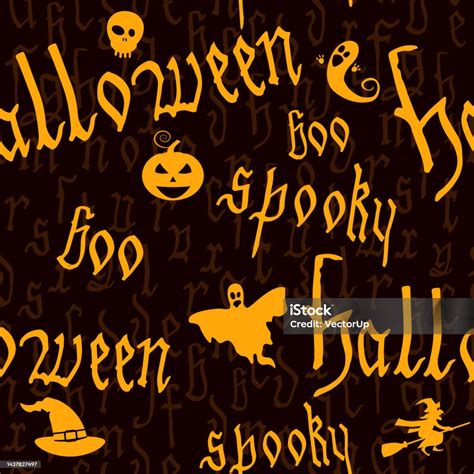 텍스트 호박 유령 위쳐와 행복한 할로윈 원활한 패턴 손으로 그린 고딕 양식의 편지 실루엣 가을에 대한 스톡 벡터 아트 및 기타 이미지 Istock