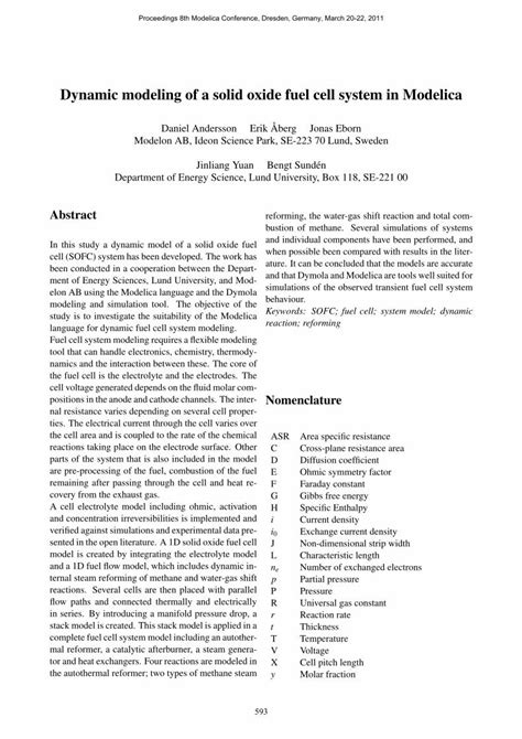 Pdf Dynamic Modeling Of A Solid Oxide Fuel Cell System In Modelica