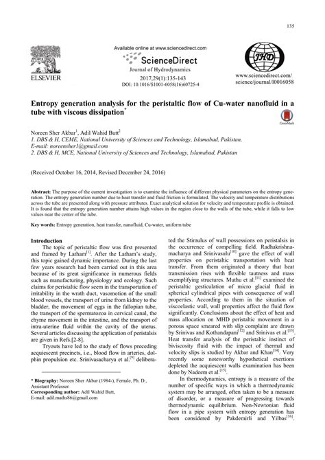 Pdf Entropy Generation Analysis For The Peristaltic Flow Of Cu Water Nanofluid In A Tube With