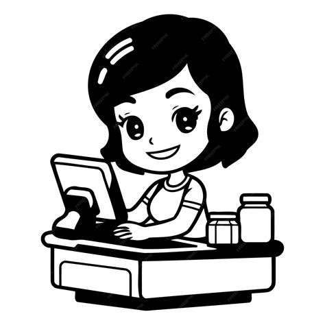 Girl Using Laptop Computer Cute And Funny Cartoon Vector Illustration