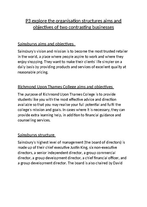 P3 Explore The Organisation Structures Aims And Objectives Of Two Contrasting Businesses They