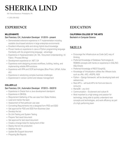 Automation Developer Resume Samples Velvet Jobs