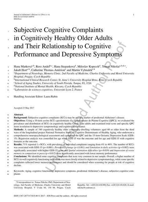 Pdf Subjective Cognitive Complaints In Cognitively Healthy Older