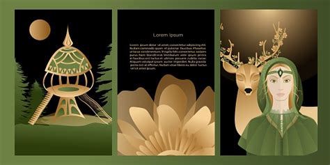 벡터 세트 신비와 엘프 테마 엘프의 일러스트를 포함 요정 엘프의 프레임 집 장식 클립 아트를 위한 그라데이션이 있는 블랙 그린 골드 색상 가문비나무에 대한 스톡 벡터 아트