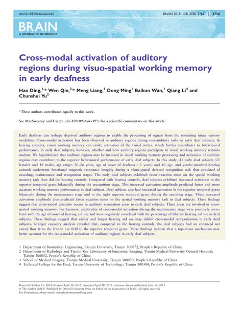 Pdf Cross Modal Activation Of Auditory Regions During Visuo Spatial