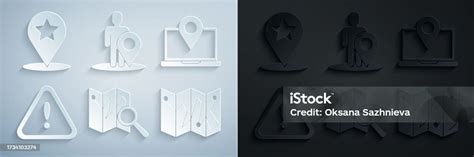 위치 마커 노트북 삼각형의 느낌표 사람의 지도 실루엣 및 포인터 별 아이콘이 있는 접힌 지도를 설정합니다 벡터 3차원 형태에 대한 스톡 벡터 아트 및 기타 이미지 Istock