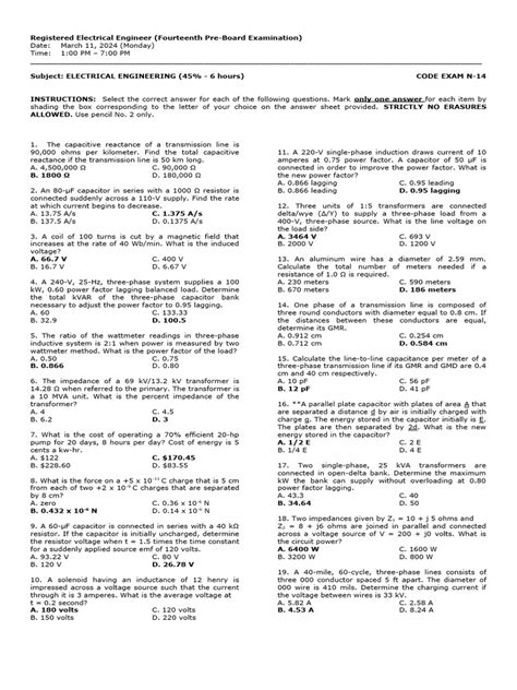fourteenth pb exam n 14 with answers all ee dc ac transformer