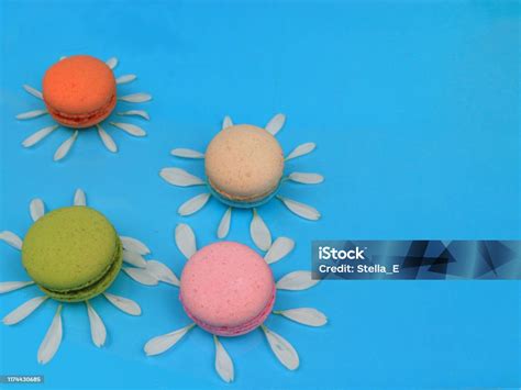 귀여운 데이지 마카롱 국화 꽃잎 꽃과 다채로운 프랑스어 마카롱 카피 스페이스 음식 배경 개념과 파란색 배경에 맛있는 달콤한 디저트 0명에 대한 스톡 사진 및 기타 이미지