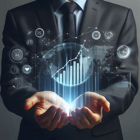 a person in business attire holding out their hands with a holographic