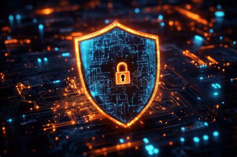 futuristic tech illustration shows glowing shield with lock graphic