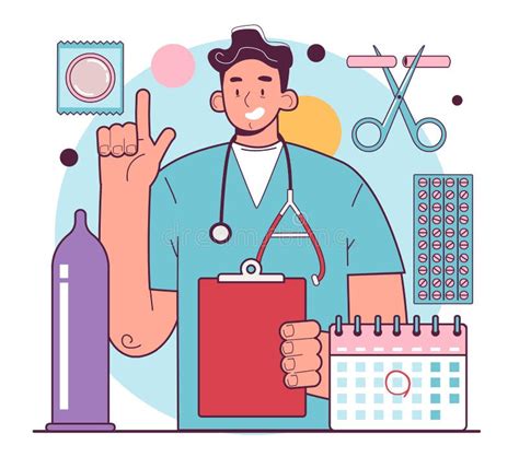 Sex Education Concept Doctor Showing Various Methods Of Contraception Stock Vector